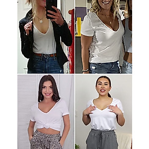 GEESENSS Women Deep V Neck Shirts Short Sleeve Sexy Low Cut Tops for Women White Medium