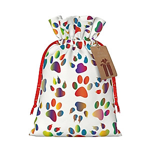 WURTON Colorful Dog Paw Print Christmas Gift Bag - Drawstring Christmas Bag For Presents, Burlap Xmas Favor Bag Small Size
