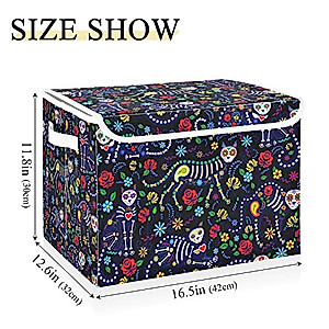 DOMIKING Cats Skulls Day Of The Dead Collapsible Rectangular Storage Bins with Lids Decorative Lidded Basket for Toys Organizers Fabric Storage Boxes with Handles for Home Clothes and Books