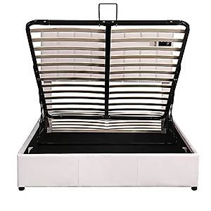 MOEO Upholstered Full Size Platform Bed with LED Light, Bluetooth Player and USB Charging, Hydraulic Storage, Velvet Fabric Bedframe for Kids, Adults, Bedroom, No Box Spring Required, Beige