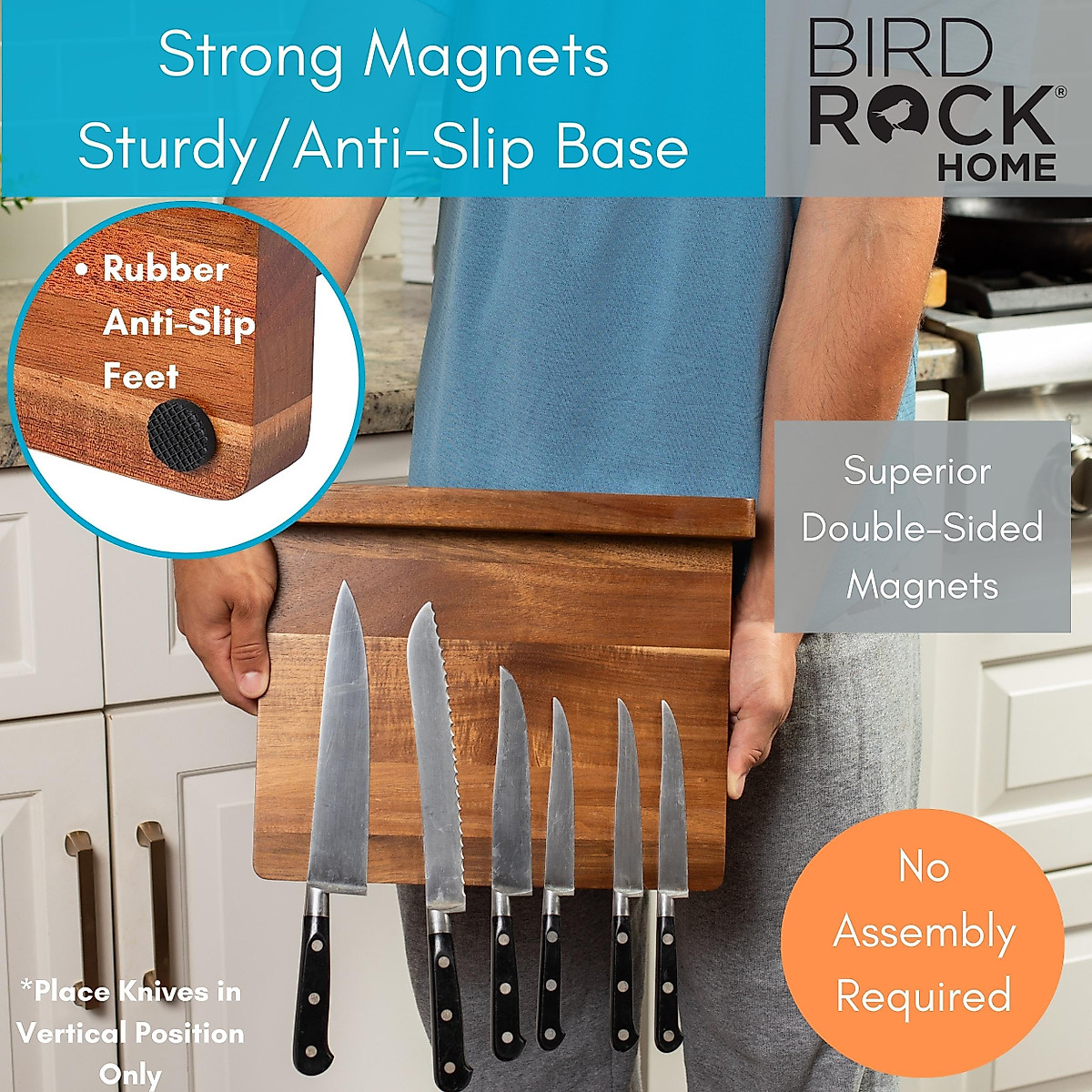 BIRDROCK HOME Wooden Magnetic Knife Block | Acacia Wood Knife Storage | Double-Sided Strong Magnetic Knife Holder | Knife Organizer for Kitchen & Space-Saving Design | No Knives Included | 12.8"Lx10"H