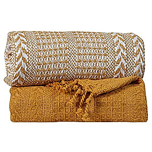 Excel Hometex 100% Cotton Throw Blanket Handloom Batik (50 x 60 Inch Set of 2)- Luxurious Cotton Throw Blanket-Indoor - Outdoor Throw Blanket (Gold, 50" x 60")