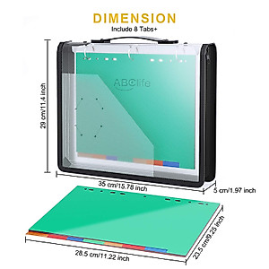 ABC life Zipper Binder with 8 Insertable Plastic Dividers, Document Folder 3 Ring Binder,Retractable Handle, Perfect for School,Project Organization, Holds 300 A4/Letter Size Papers,Black Transparent