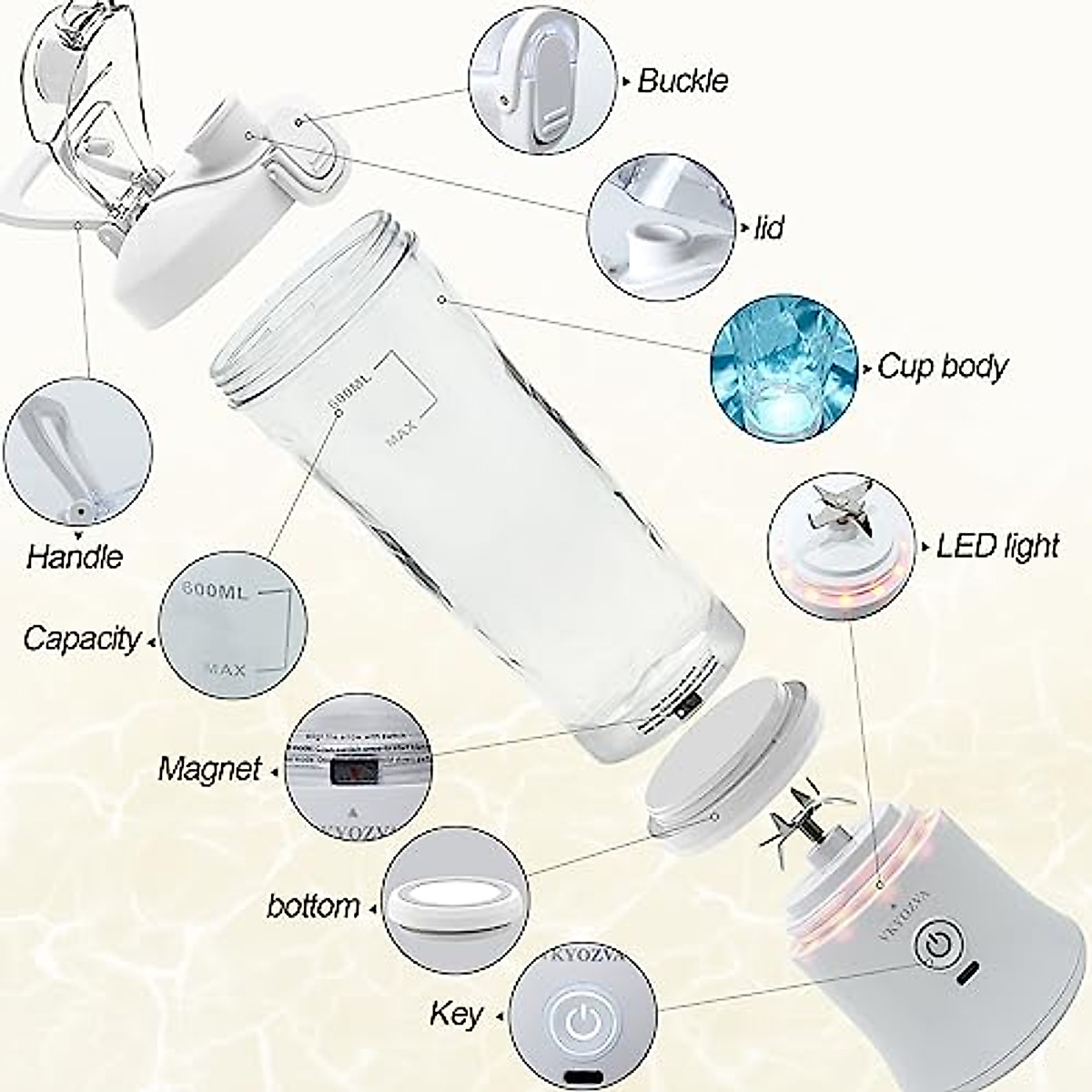 Portable Blender, VKYOZVA Personal Blender for Shakes and Smoothies, 240W Blender with 6 Stainless-Steel Blades,USB Rechargeable Blender Cup Travel Lid with 2 Straws And Brush for Home, Outdoor
