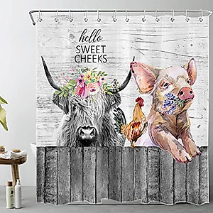 ECOTOB Farmhouse Highland Cow Shower Curtain Set Cute Farm Cow Chicken and Pig with Flowers on Grey Fence Bath Mat and Shower Curtain Funny Farm Animal Bathroom Decor Accessories, 72x72 Inches