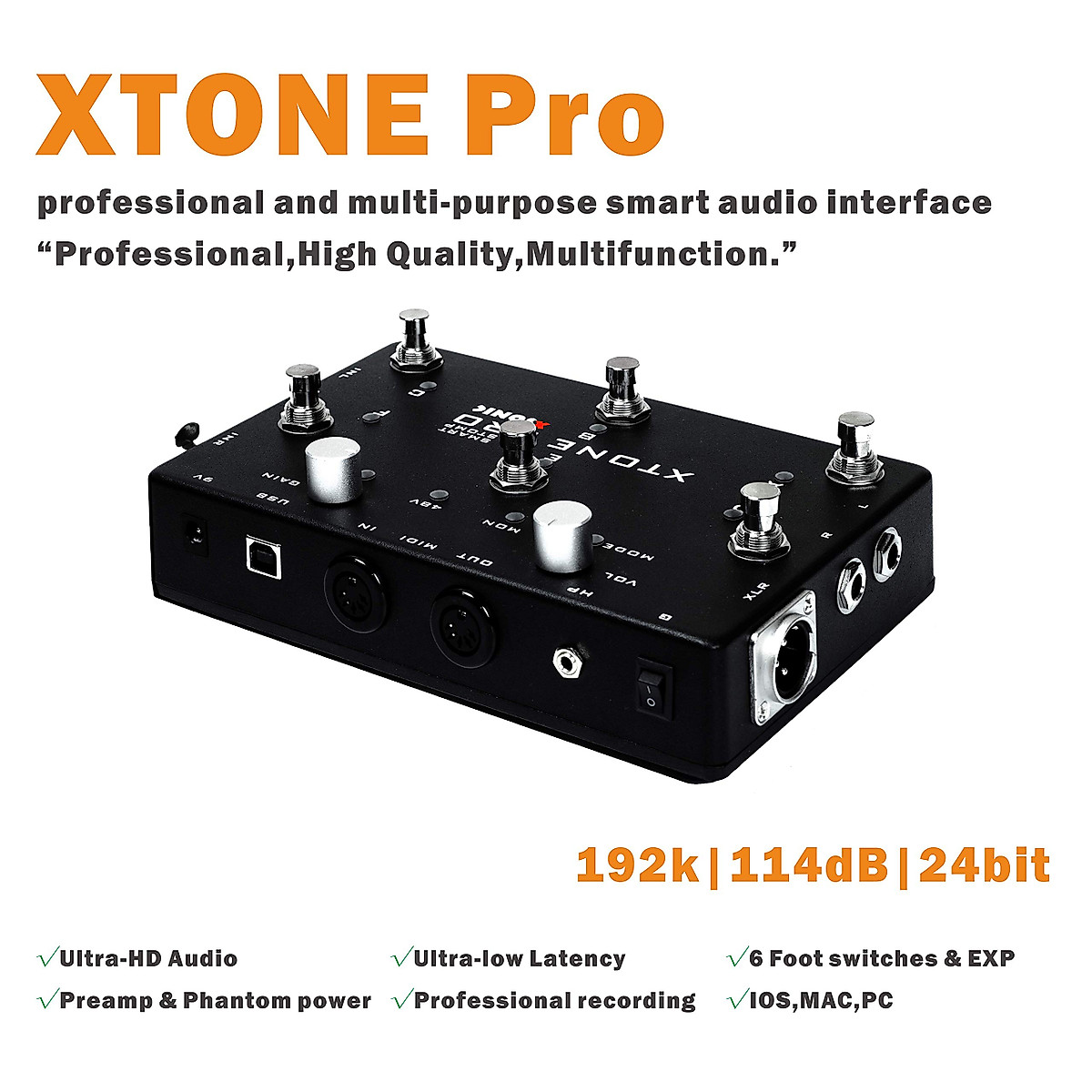 XSONIC Xtone Pro Professional Mobile Audio Interface with Ultra Low Latency, 192KHz&114dB, 2 Input, 3 Output, EXP Input, Support iOS, Windows, Mac, BIAS FX, Audio Interface for Live Gig, Home Studio