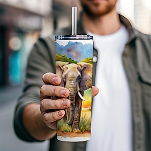 Elephant African Plain Watercolor Design Skinny Tumbler 20oz with Straw Insulated Water Bottle Gift