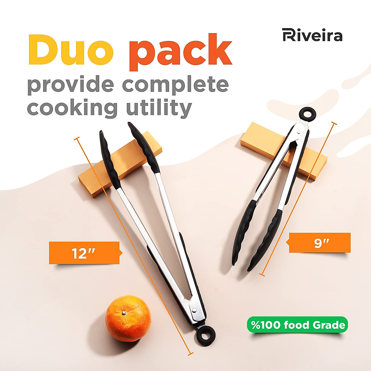 Riveira Tongs for Cooking with Silicone Tips | 9 and 12-Inch Pieces Set | Non-Stick Kitchen Grill Tongs | BBQ Grilling Tong | 550°F High Heat-Resistant Premium Silicone Tips | 304 Stainless Steel