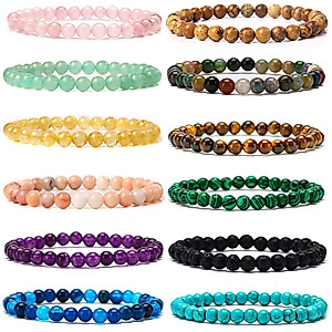 SAMOCO 12Pcs 4mm 6mm 8mm Gemstones Bracelets for Women Men Semi Precious Healing Crystal Stone Stretch Round Beaded Bracelet Handmade Energy Bracelets adjustable(6mm)