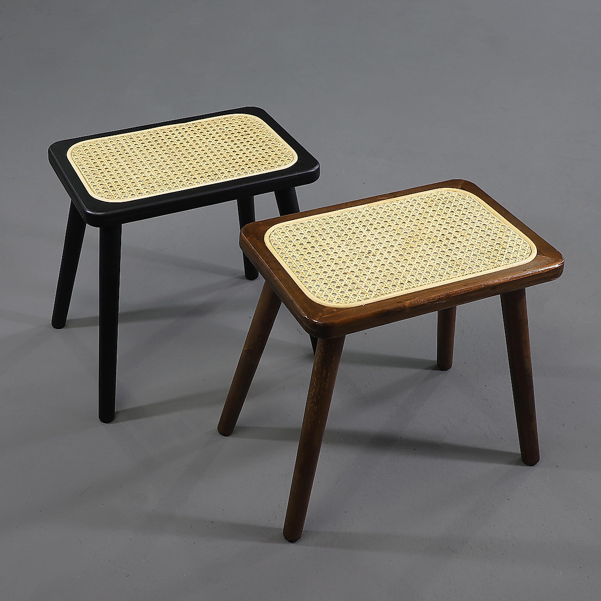 [PJ Collection] Natural Rattan Top Wood Stool, with Portable and Detachable Legs, Handcrafted Wood Stool, Lightweight Stool, Hand Woven, Comfortable Support (Rectangle, Walnut Wood)