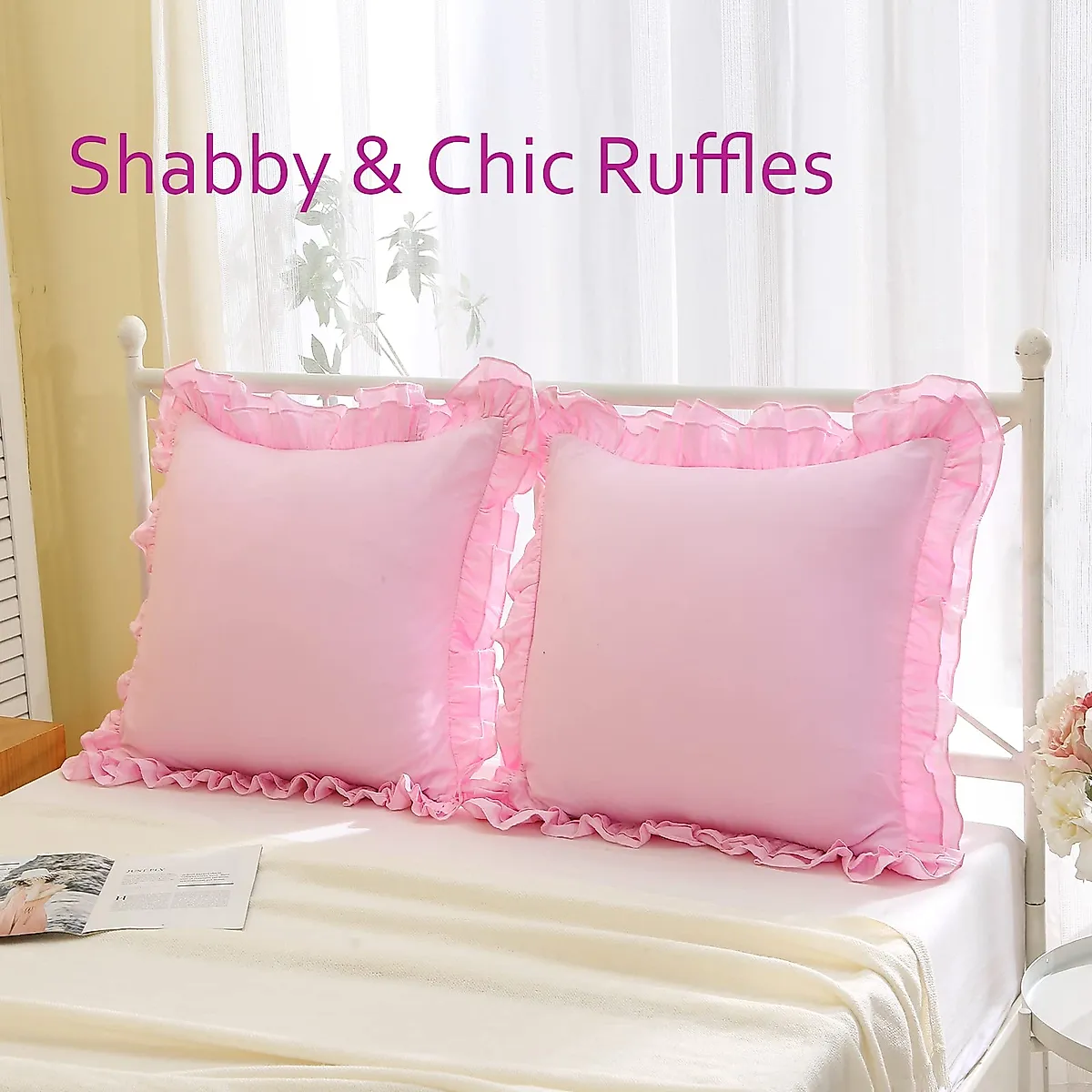 YOKKITA 2 Pack Pink Ruffle Euro Pillow Sham Covers 26x26 inches, 100% Cotton Pillowcases Princess Vintage and Shabby for Girls Bed Gift for Her