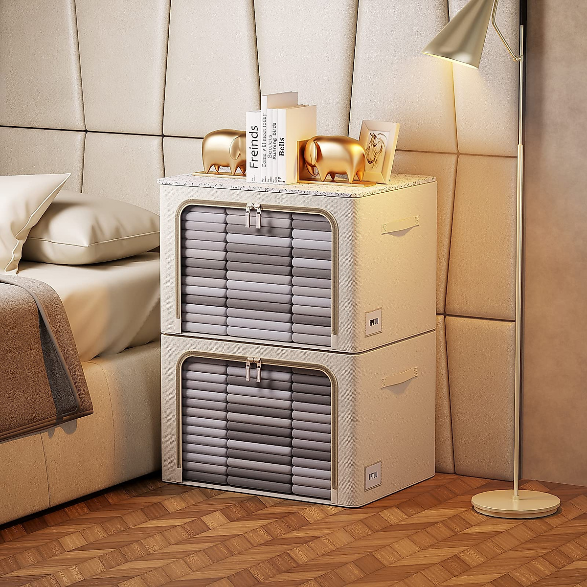 RTONAO 2 Pack Stackable Storage Bins - Foldable Metal Frame Storage Boxes for Clothes Double Zipper Fabric Box Organizer Set with Carrying Handles and Clear Window (100L, Beige)