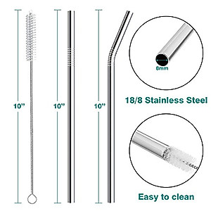Reusable Smoothie Straws and Milkshake Straws with Silicone Tips , 9mm/0.35" Stainless Steel Wide Straws, Hiware 6 Pack 10" Metal Straws for Smoothies, Milkshakes, Jumbo Drinks with 2 Cleaning Brushes