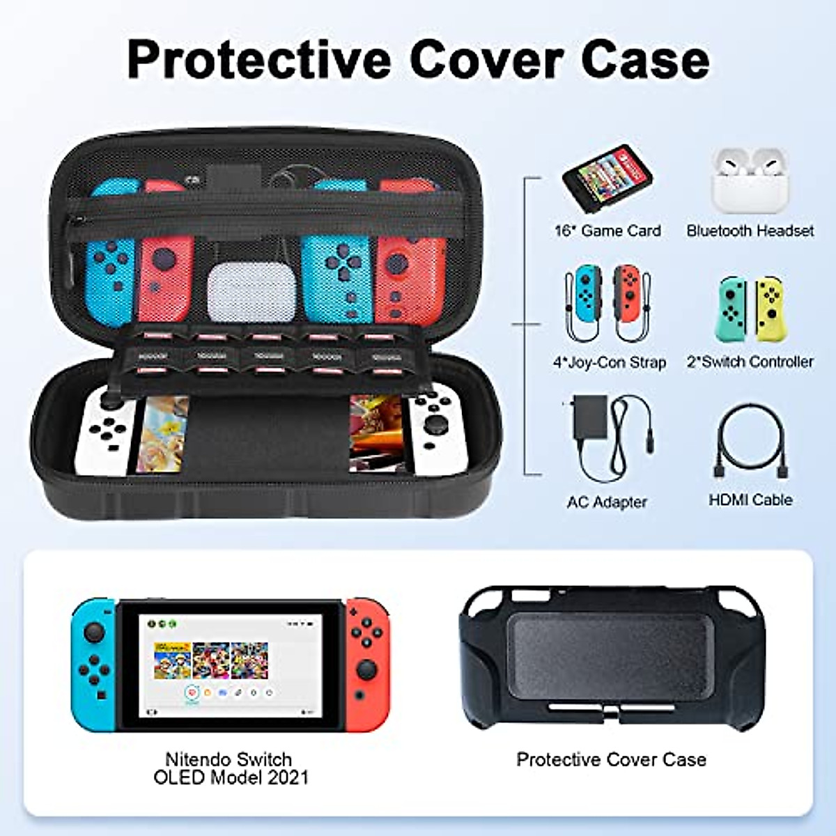 ESTARER Carrying Case for Nintendo Switch OLED Hard Travel Case, Storage Protective Cover Carry bag Pouch w/16 Game Card Cartridges,Black