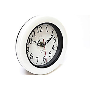 Perfect Pearl Water Resistant Clock, Simple Modern Design, 6.5" in Diameter, Plastic Frame, Flexible options to hang or to stand.