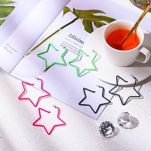 Hicarer 3 Pairs Neon Earrings 70s 80s Party Retro Earrings Gifts for Women Costume Party Accessory(Rose Red, Fluorescent Green, Black,Star Style)