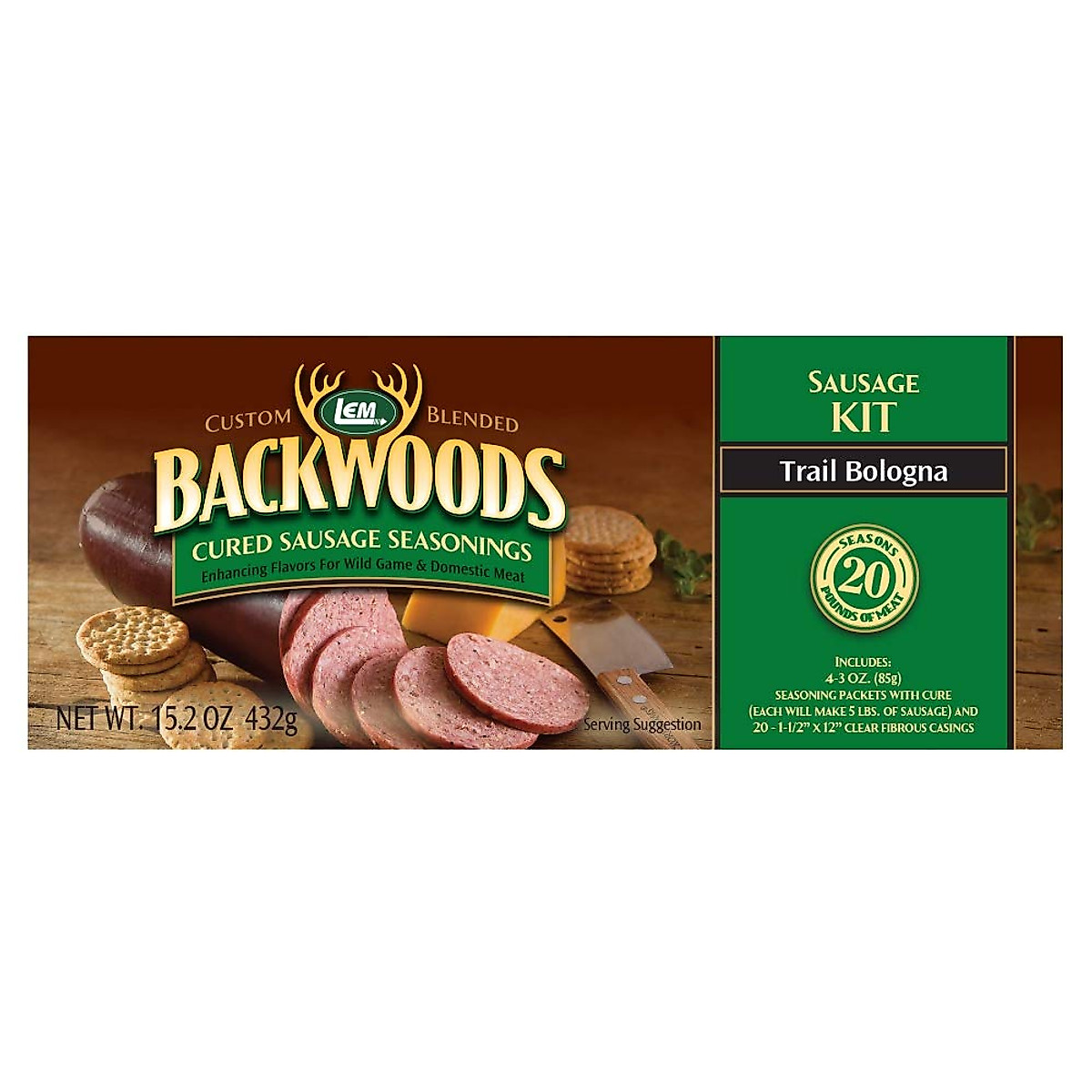 LEM Products Backwoods Trail Bologna Cured Sausage Seasoning Kit, Ideal for Wild Game and Domestic Meat, Seasons Up to 20 Pounds of Meat, 15.2 Ounce Package with Pre-Measured Cure Packet Included