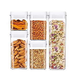 Airtight Food Storage Containers Set with Lids 5 Units Sets for Kitchen Pantry Organization and Storage, Leak-Proof Stackable Canister, include Measuring Spoon & Labels (White, 5)