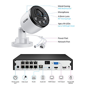 ZOSI 5MP 8CH PoE Security Camera System with Audio,H.265+ 5MP 8 Channel NVR with 2TB HDD,8pcs Weatherproof PoE IP Cameras Outdoor Indoor,Human Detection,100ft Night Vision,for Home 24-7 Recording