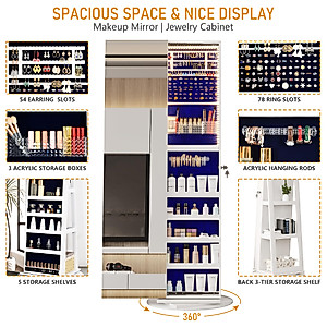 LVSOMT 360° Swivel Jewelry Mirror Cabinet with Lights, Standing Jewelry Armoire Organizer, 63" Rotatable Full-Length Mirror with Jewelry Storage, Lockable with Back Storage Shelve, White