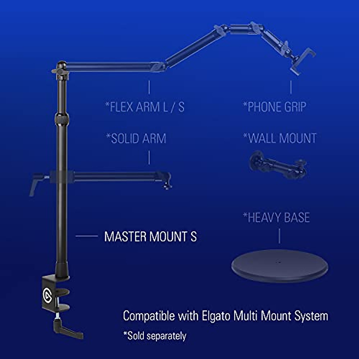 Elgato Master Mount S - Premium Desk Clamp with Pole extendable up to 54cm/21in and 1/4 inch Thread to Mount Lights, Cameras, and Microphones, perfect for Streaming, Videoconferencing, and Studios