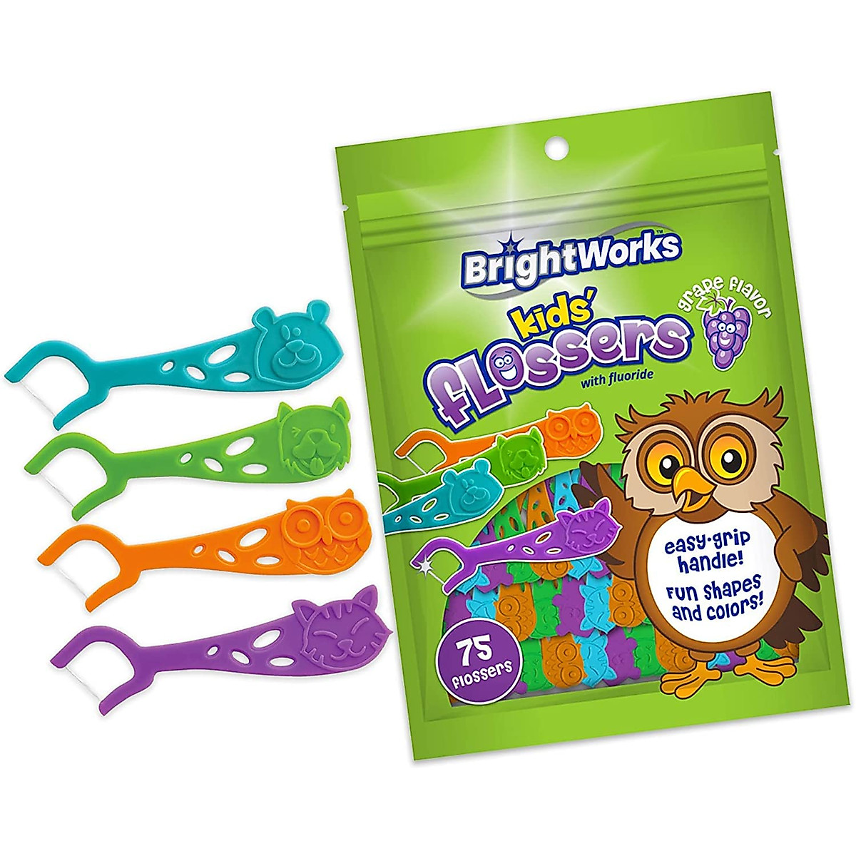 Kids’ Grape-Flavored Dental Flossers, Colorful Animals add Fun to Support Healthy Habits, Easy-Grip Handle and Fluoride-Coated Floss, Pack of 3 x 75 Pieces