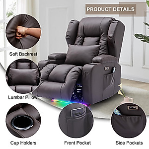 BINGTOO Electric Power Recliner Chair with Massage and Heat Recliner Chairs for Adults Living Room, Wingback Recliners Ergonomic Lounge Sofa Home Theater Seating with LED Light, Cup Holders, USB