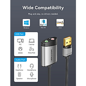 USB Audio Adapter - VENTION USB External Stereo Sound Card to 3.5mm Headphone and Microphone Jack Adapter for Windows MAC Linux PC Laptop Desktops PS5