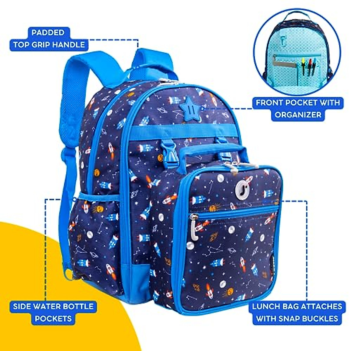 J World New York Unisex Kid's Backpack with Lunch Bag Set, Spaceship, One Size