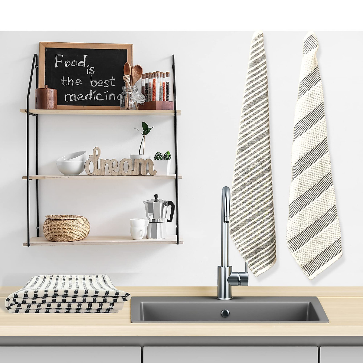 Oversized White Dark Gray Kitchen Towels: 100% Cotton Soft Absorbent Assortment Ribbed Terry Loop, Set of 3 Multipurpose for Everyday Use (Charcoal)