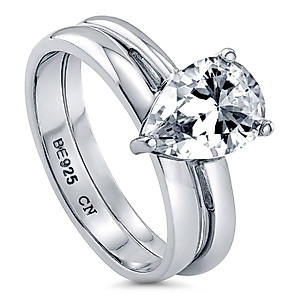 BERRICLE Sterling Silver Solitaire Wedding Engagement Rings 1.8 Carat Pear Cut Cubic Zirconia CZ Ring Set for Women, Rhodium Plated Size 6