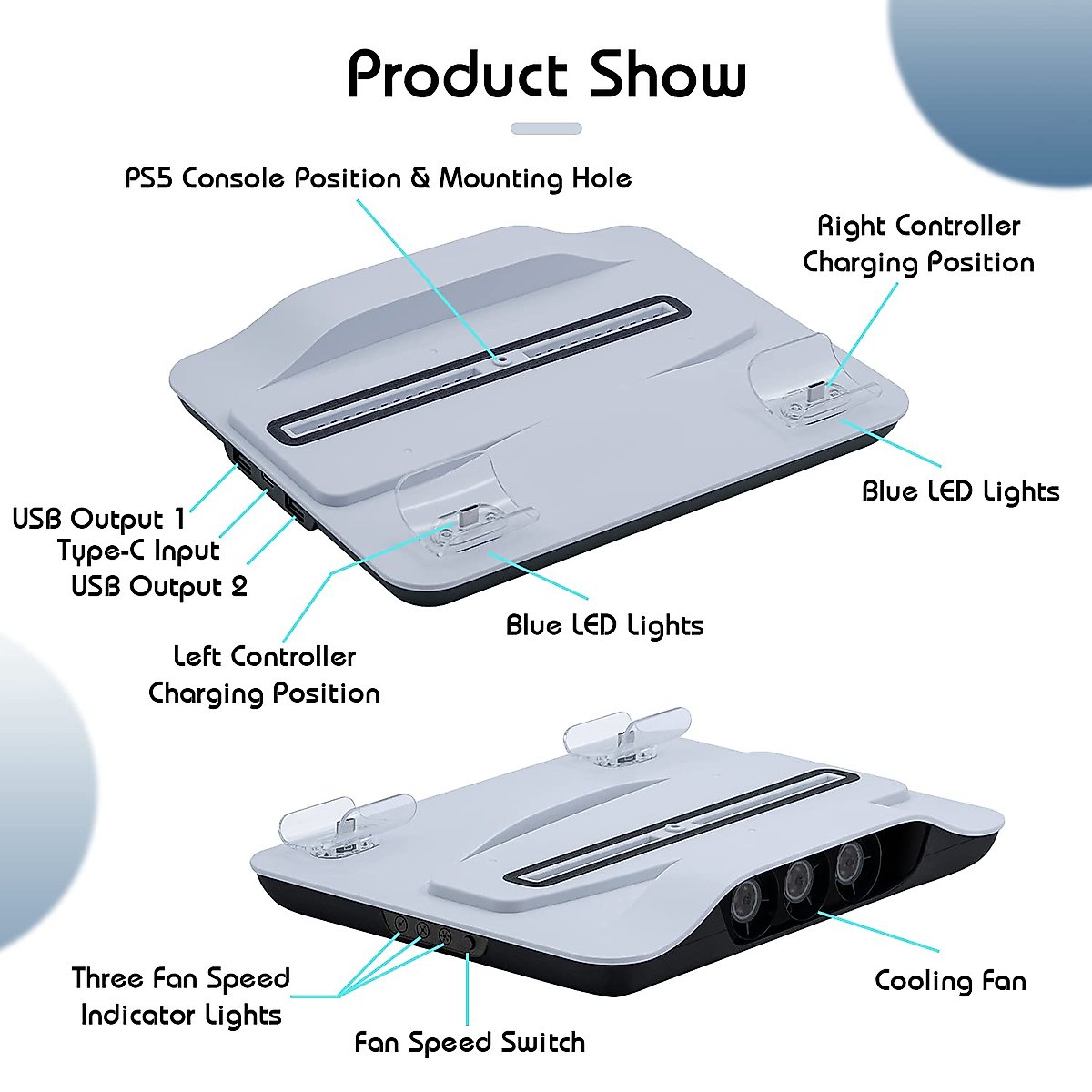 Wigearss Charging Cooling Stand for PS5 Charging Dock with 3 Speed Levels Cooling System for PS5 UHD and Digital Edition Consoles and Controllers - White