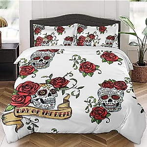 Duvet Cover King Size, Dead Mexican Sugar Skulls Bedding Set with Zipper Closure for Kids and Adults, Red Rose Vintage Comforter Cover with 2 Pillow Shams for Bedroom Bed Decor