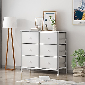 BOLUO White Dresser for Bedroom 6 Drawer Organizers Fabric Storage Chest Tower Wide Dressers Unit for Closet Nursery Hallway Office, Kids and Adult Modern