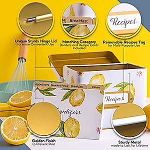 HEART & BERRY Lemon Recipe Box with 24 4x6 Recipe Cards and 12 Dividers - Recipe Cards and Box Set - Recipe Tin for 4 X 6 Inches Recipe Cards