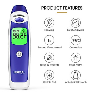 Digital Forehead Ear Thermometer for Adults and Baby, NURSAL Touchless Thermometer for Home with Fever Alarm, Infrared Thermometer with Data Memory, Battery Included