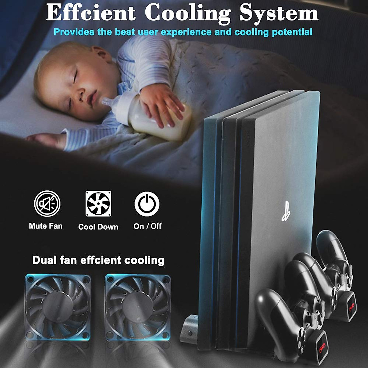Megadream Cooling Fan Stand for PS4, Dual Controller Charge Station for PS4 Slim/PS4 Pro/Playstation 4, Multifunctional Vertical Cooling Stand with LED Indicator, 10PCS Games Storage, 4 Usb Connectors