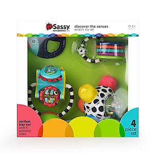 Sassy Discover The Senses Developmental Gift Set for Newborns and Up | Includes Bumpy Ball, High Chair Toy, Water-Filled Teether, 6 Piece Ring O’ Links
