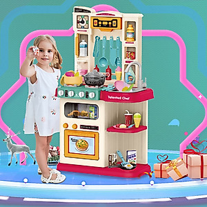 FRJINIE Toy Kitchen for Toddler, Kids Kitchen Set with Play Sink with Running Water, Realistic Light & Sound, Pretend Role Play Kitchens Apron Temperature Sensing Play Food for Boys & Girls (Red#2)