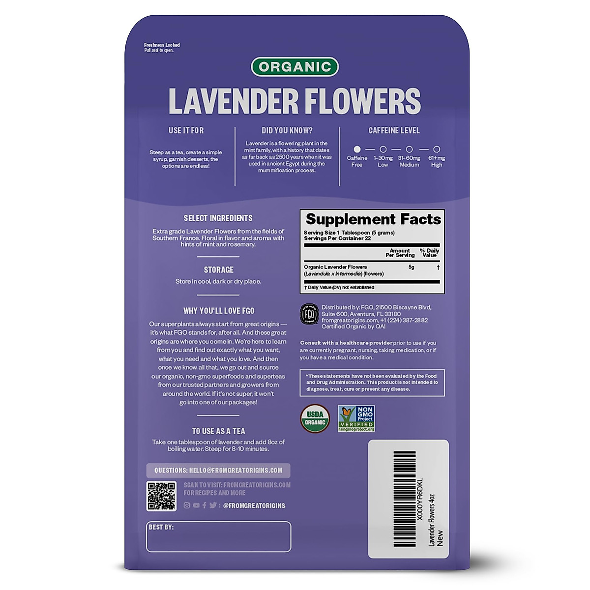 Organic Lavender Flowers Dried | Perfect for Tea, Baking, Lemonade, DIY Beauty, Sachets & Fresh Fragrance | 100% Raw From France | Large 4oz Resealable Kraft Bag | by FGO