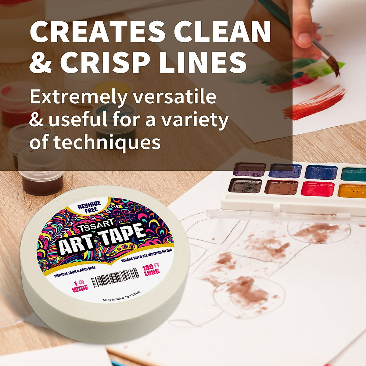 TSSART White Art Tape Medium Tack - Masking Artists Tape for Drafting Art Watercolor Painting Canvas Framing - Acid Free 1inch Wide 180FT Long