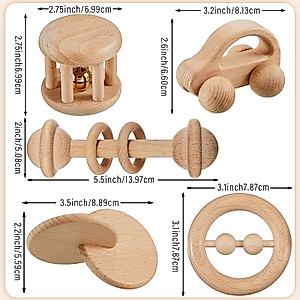 5 Pieces Wooden Baby Toys Wooden Toys for Babies 0-6-12 Months Wood Toys Rattles with Bells Montessori Wood Baby Push Car Wooden Newborn Toy for Infant Boys and Girls Gifts