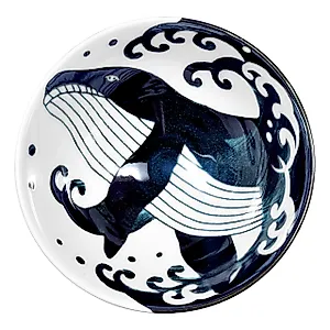 Mino Ware Japanese Rice Bowl, Rice Ramen Noodle Soup Sarada Pasta, Wave Whale Chawn, 4.6 inch 10oz Set of 2