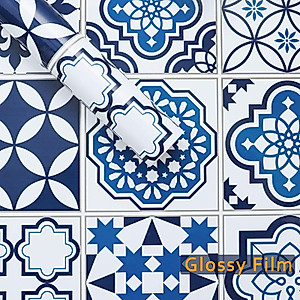 197"x 17.7"Blue Pattern Contact Paper Glossy Surface Waterproof Contact Paper Decorative Self Adhesive for Kitchen Bathroom Counters Removable Counter Paper Peel and Stick Wallpaper Easy to Clean