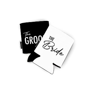 Pretty Robes Bride and Groom Can Coolers Couples Collapsible Bottle and Can Sleeves Insulator Couples Can Cooler Set for Wedding, Engagement, Anniversary, Bridal Showers