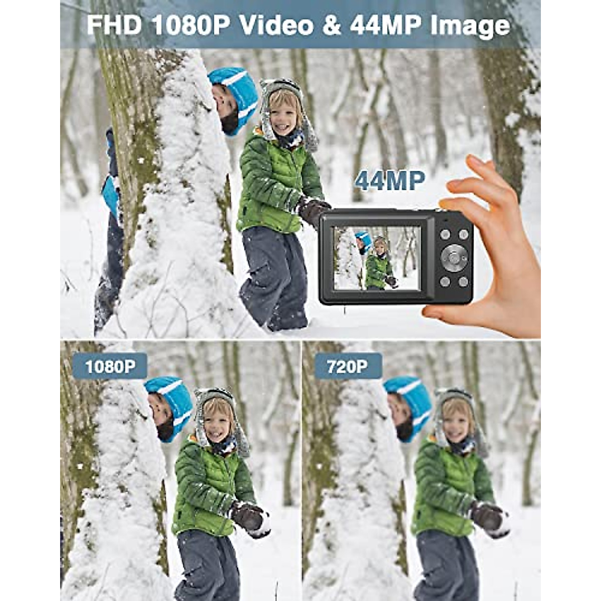 Digital Camera for Kids, Lecran 1080P 44MP Kids Camera with 32GB Card Point and Shoot Camera with 16X Zoom, Compact Portable Cameras Christmas Birthday Gift for Children Kids Teens Girl Boy(Black)