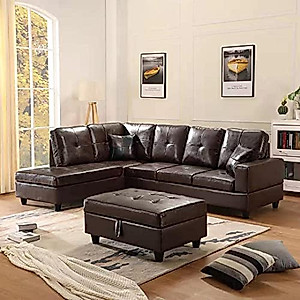 ERYE L-Shaped Corner 5 Seaters Chaise & Storage Ottoman,Modern Faux Leather Sectional & Sofa Couch with 2 Pillows for Home Office Apartment Living Room Furniture Sets, Brown PU Right