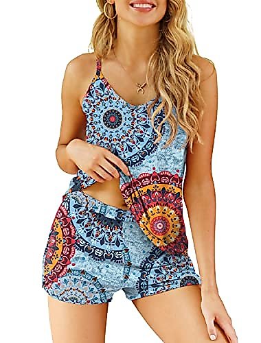 POKWAI Pjs for Women Summer Pajama Sets Shorts Soft Comfy Cooling Cami Pajamas Ladies Pajamas(Flower Multiple Blue,Medium)