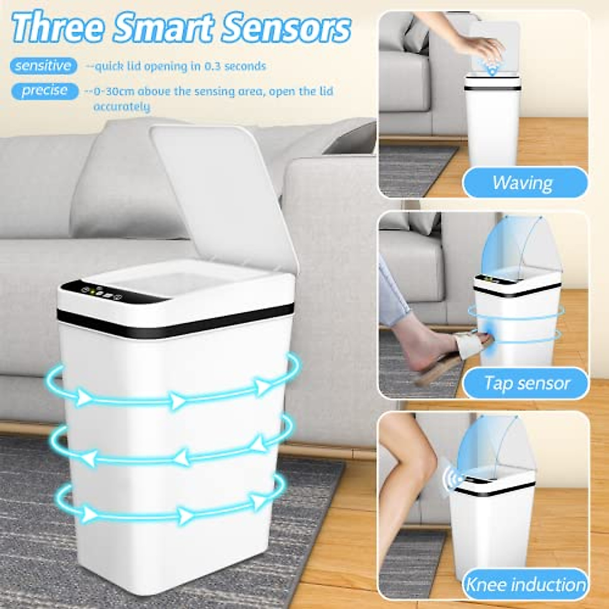 jinligogo 2Pack Bathroom Small Trash Can with Lid Touchless Automatic Garbage Can, 2.2 Gallon Slim Waterproof Motion Sensor Smart Trash Bin for Bedroom, Office, Living Room (Grey)