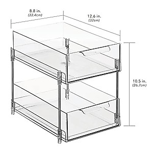 Nate Home by Nate Berkus 2-Tier Sliding Plastic Pull-Out Drawer Organizer, Removable Drawers - Kitchen Cabinet Organizer and Pantry Storage from mDesign, Clear/Polished Stainless Steel